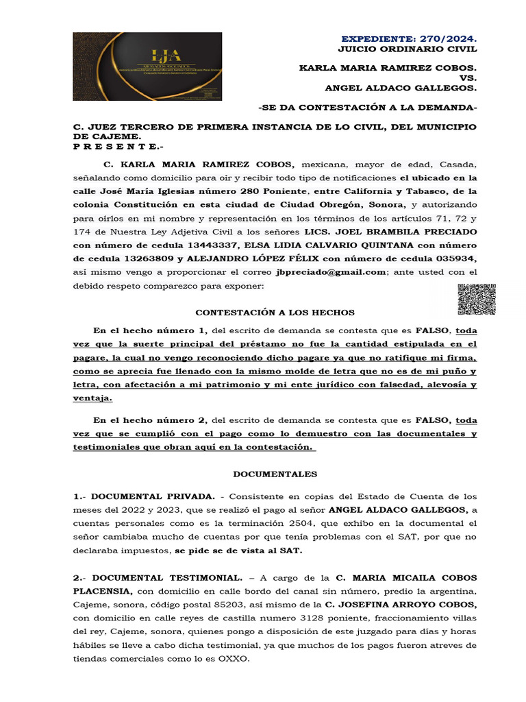 Contestacion Ejecutivo Mercantil Karla Ramirez Cobos. | PDF | Demanda ...