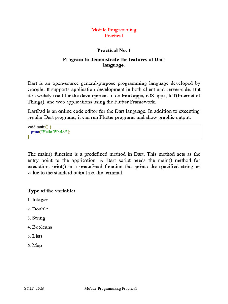 Mobile 2023 Pract Flutter | PDF | Class (Computer Programming) | Object ...