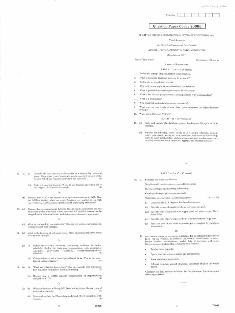 AD3391 - Database Design and Management - R2021 - 2022 Nov | PDF