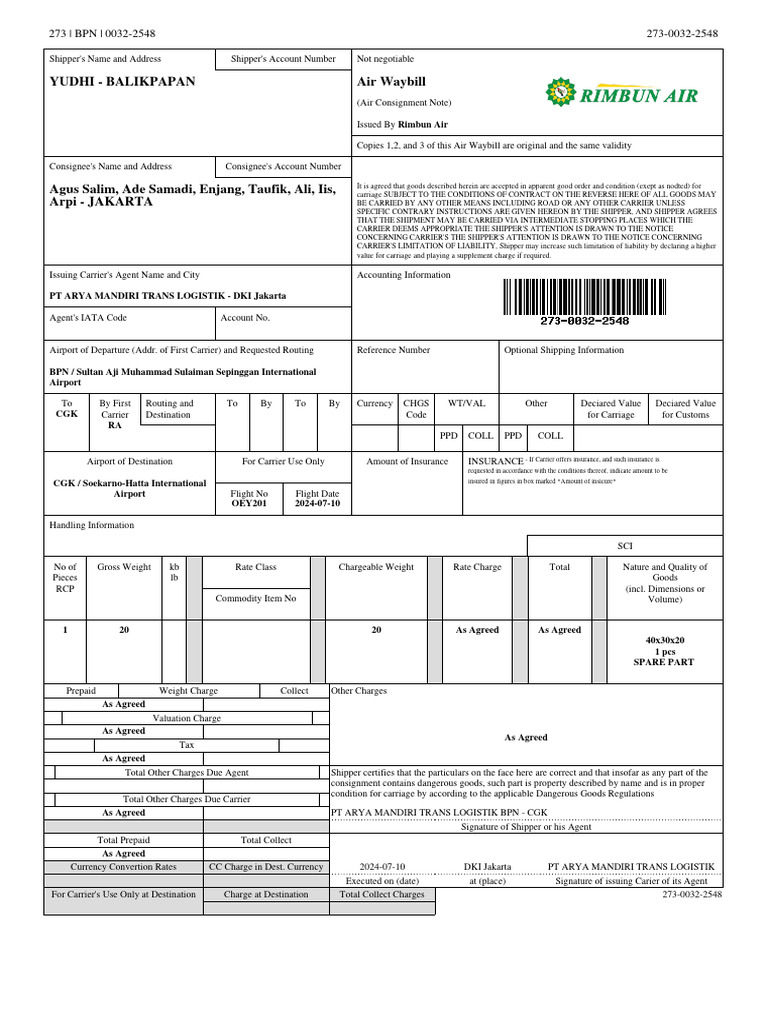 Airway Bill (AWB) 27300322548 | PDF
