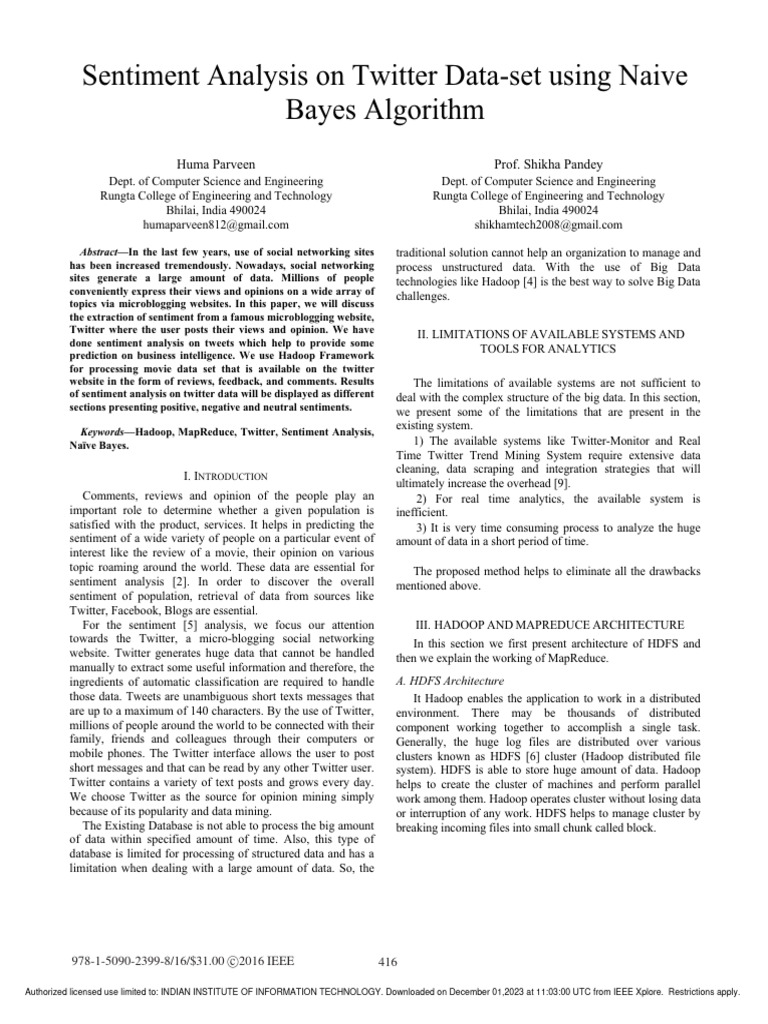 Sentiment Analysis On Twitter Data Set Using Naive Bayes Algorithm Pdf Apache Hadoop