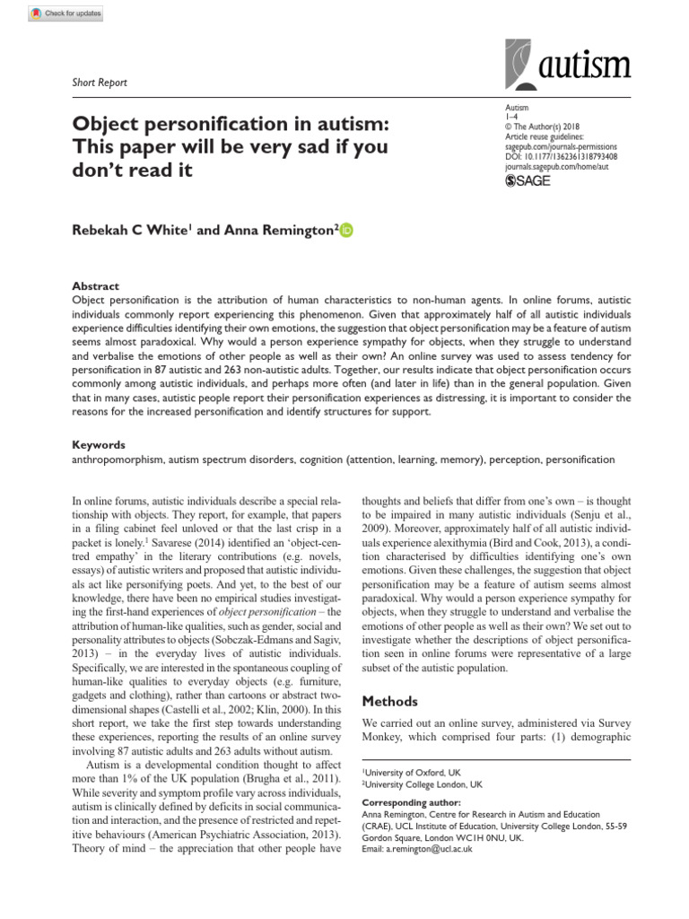 Object Personification in Autism - This Paper Will Be Very Sad If You ...