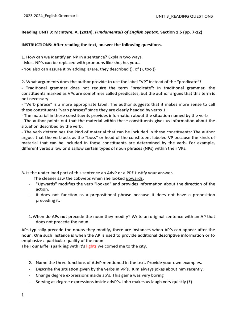 UNIT 3. READING QUESTIONS | Download Free PDF | Phrase | Verb