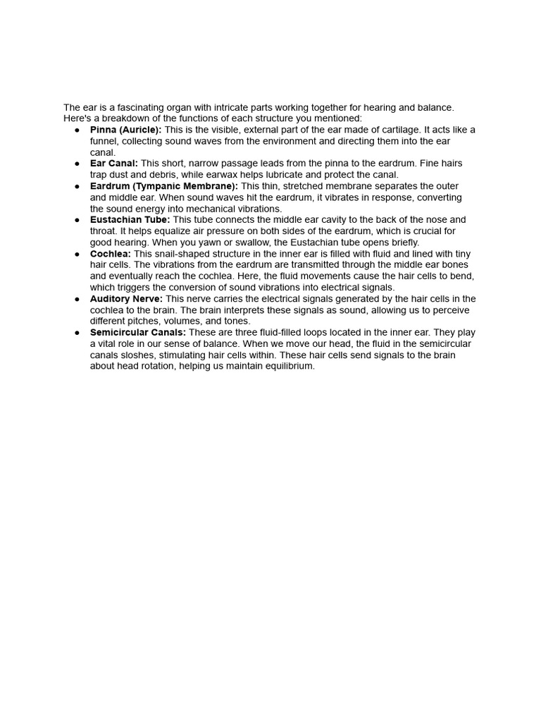 Functions of Pinnacle, Ear Canal Ear Drum, Eustachi PDF | PDF