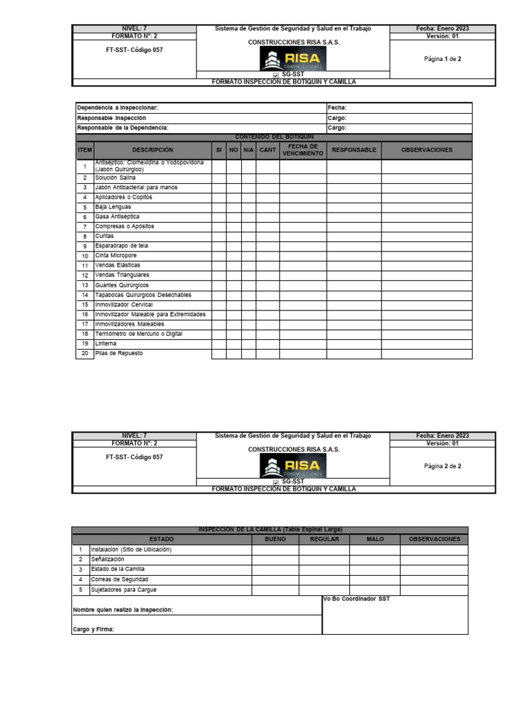 FT-SST-02 INSPECCION DE BOTIQUIN Y CAMILLA | PDF