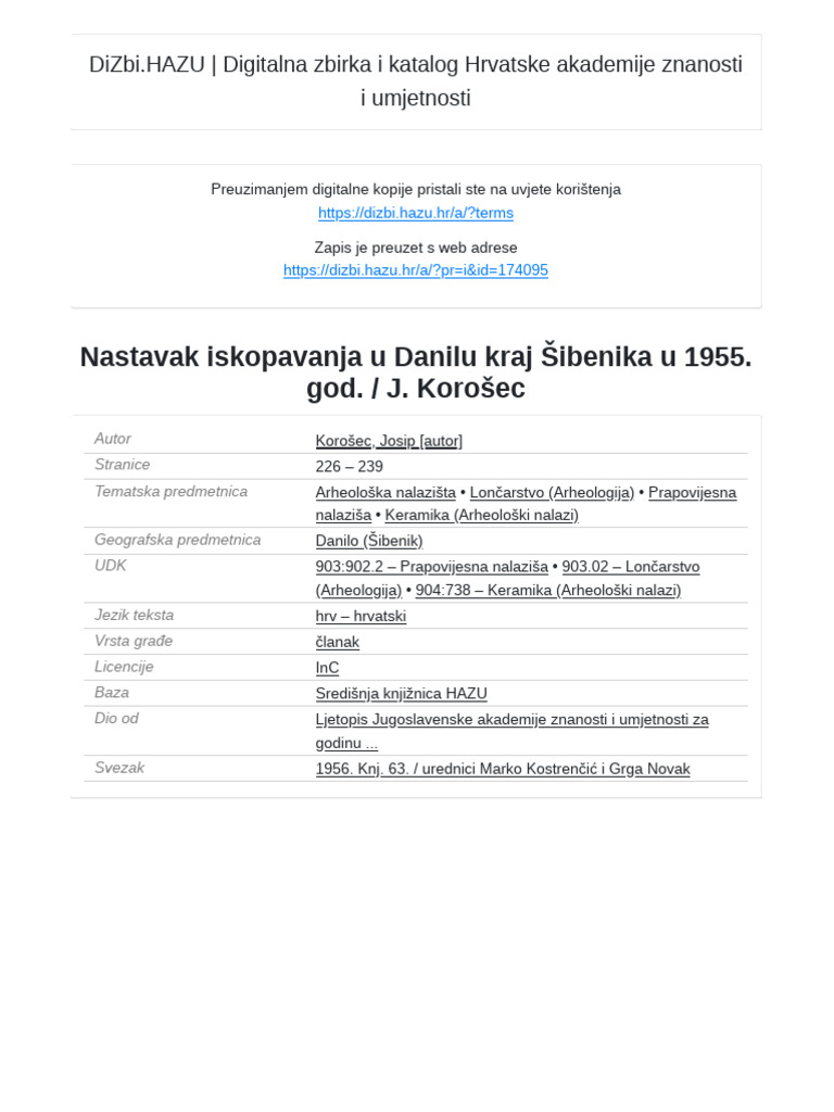 Josip Korošec, Nastavak Iskopavanja U Danilu Kraj Šibenika U 1955. God., Ljetopis JAZU 63 (1956 ...