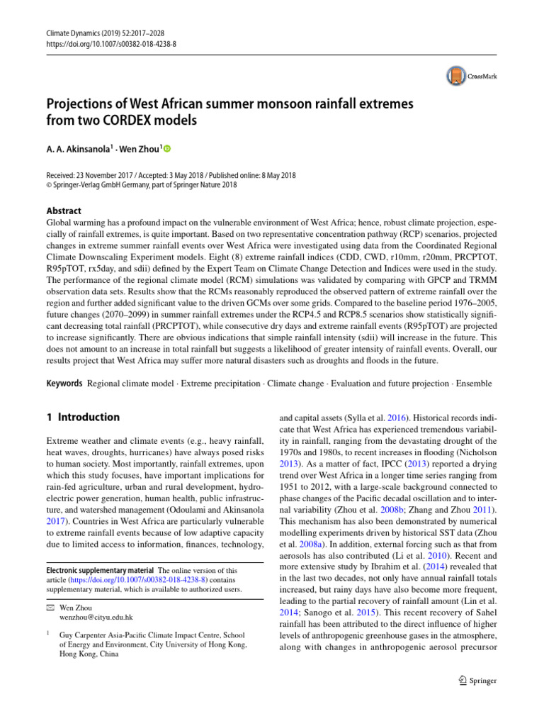 Projections of West African Summer Monsoon Rainfall Extremes From Two ...