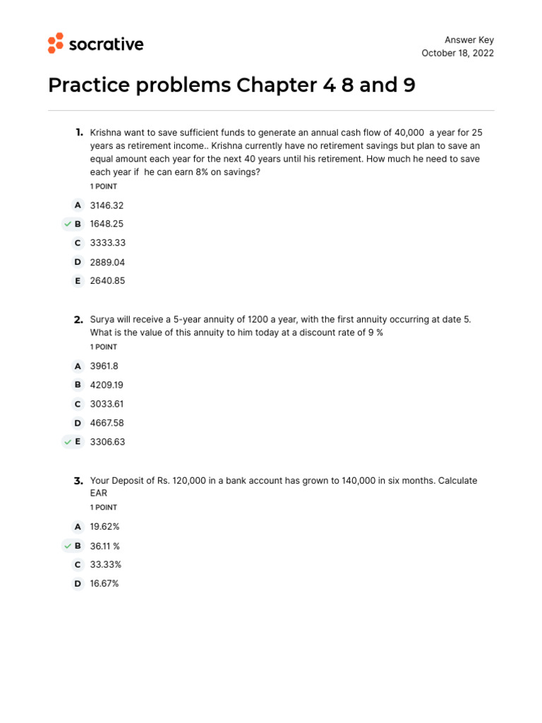 Key - Quiz - Practice Problems Chapter 4 8 and 9-1 | PDF | Bonds (Finance) | Discounting