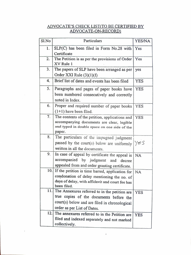 Supreme Court SLP Advocate Checklist | PDF | Appeal | Judgment (Law)