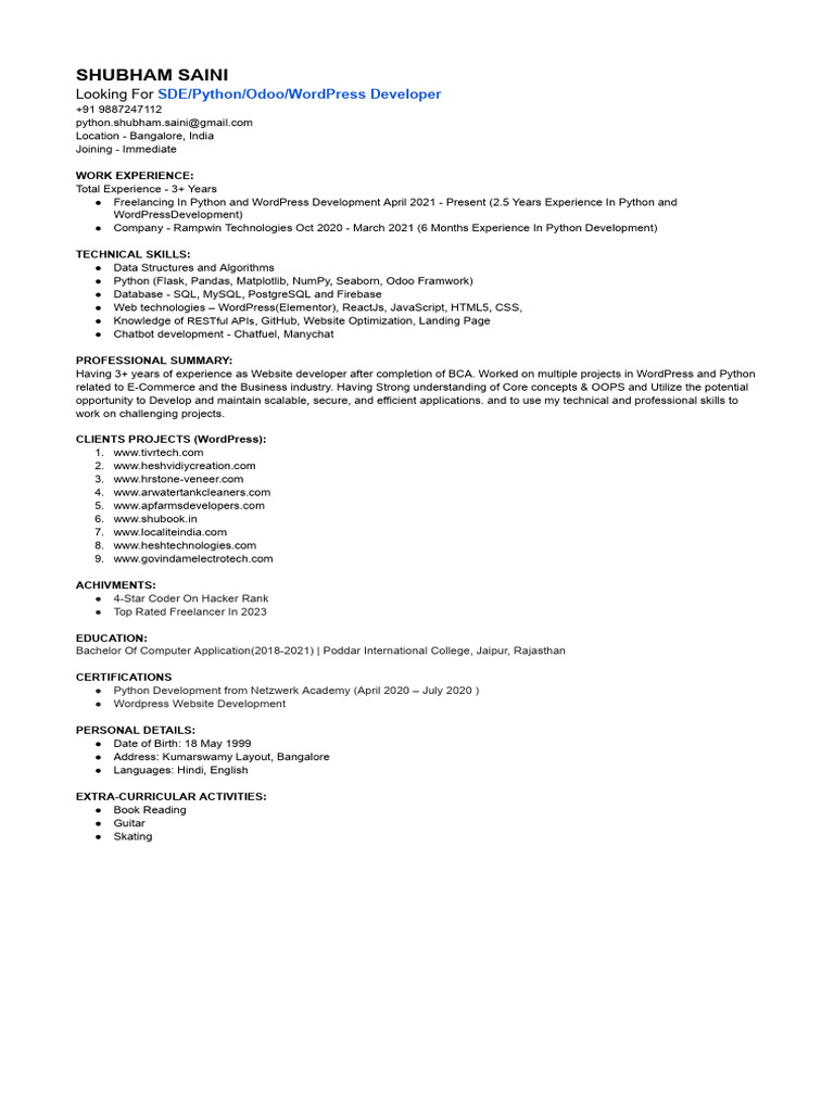 SHUBHAM SAINI (SDE Python Odoo WordPress Developer) 2 | PDF