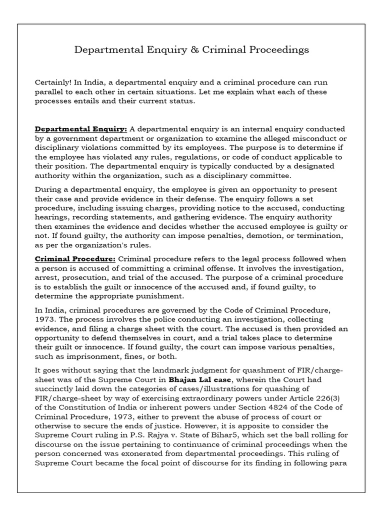 Departmental Enquiry | PDF | Burden Of Proof (Law) | Criminal Procedure Departmental Enquiry | PDF | Burden Of Proof (Law) | Criminal Procedure