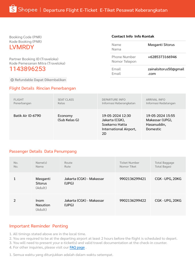 E-Tiket Pesawat Keberangkatan | PDF