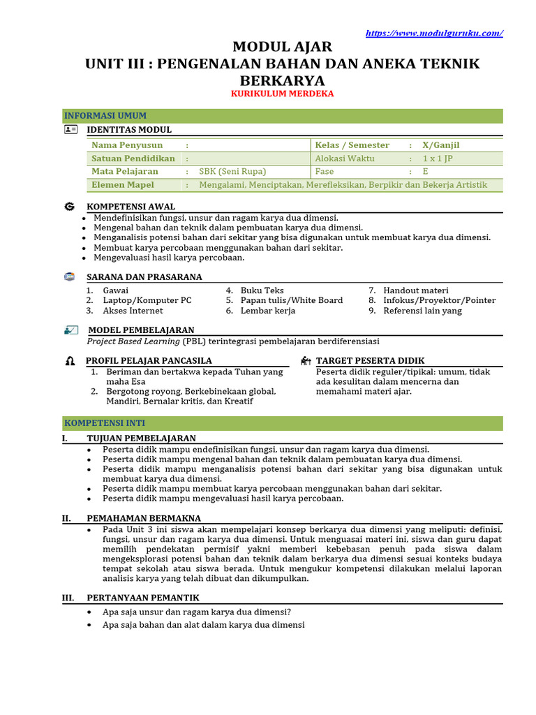 Modul Ajar Seni Rupa Kelas 10 Fase E Unit 3 | PDF