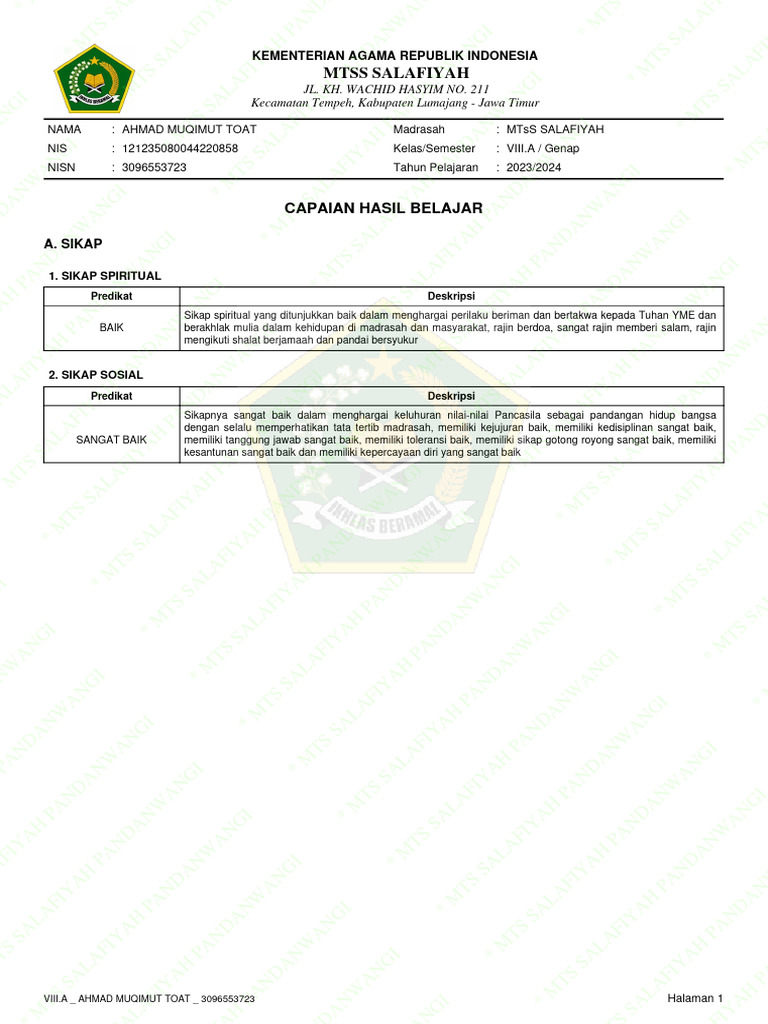 Contoh Rapor Kelas Viii.A | PDF