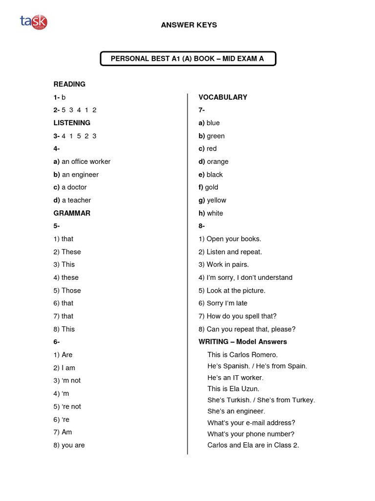 Answer Keys - Personal Best A1 | PDF | Linguistics | Linguistic Typology