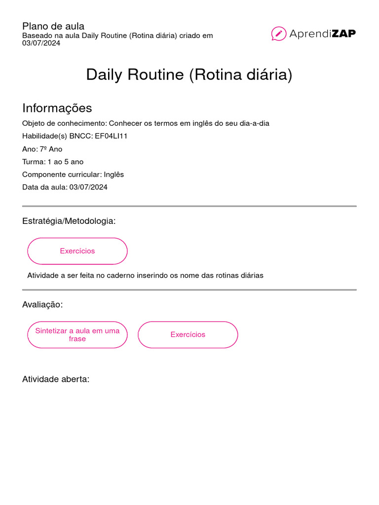 Plano de Aula: Rotina Diária em Inglês | PDF