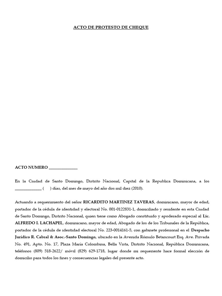 Protesto de Cheque - Ricardito Taveras, Cheque No (1) - 00085 | PDF ...