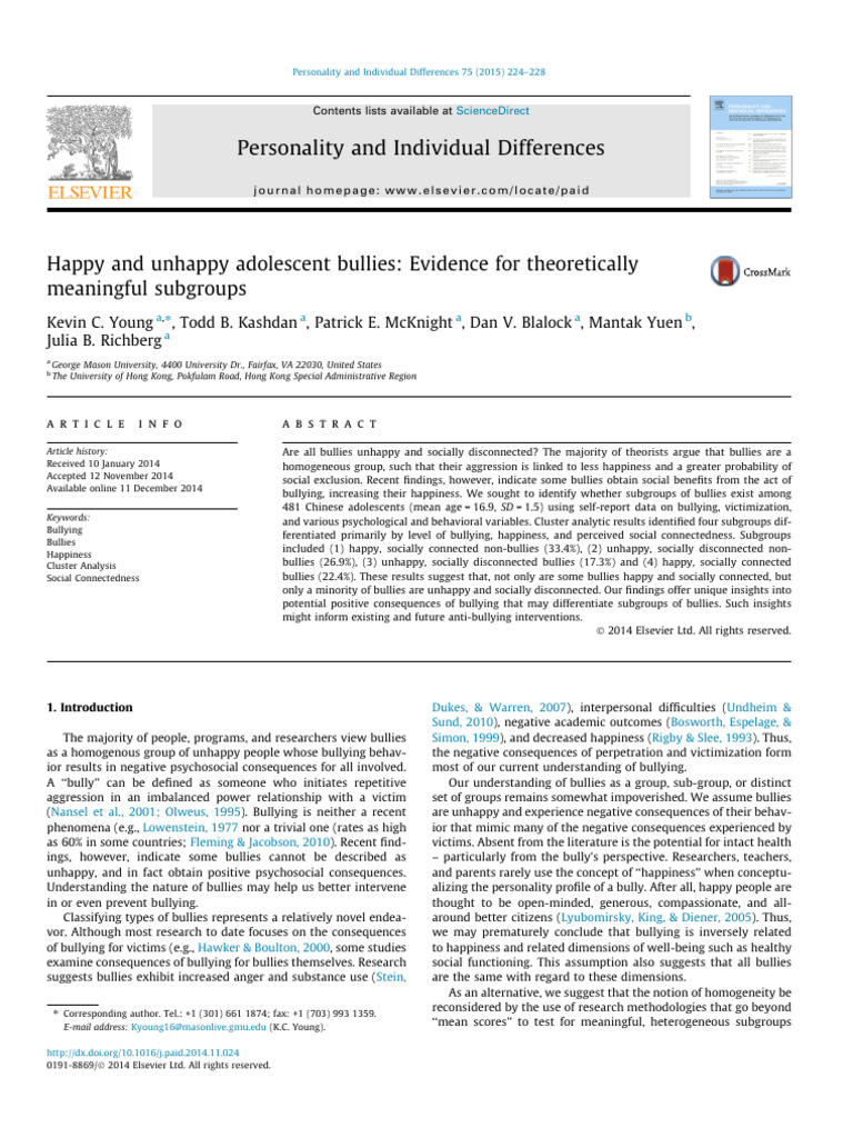 Happy and Unhappy Adolescent Bullies Evidence For Theoretically | PDF ...