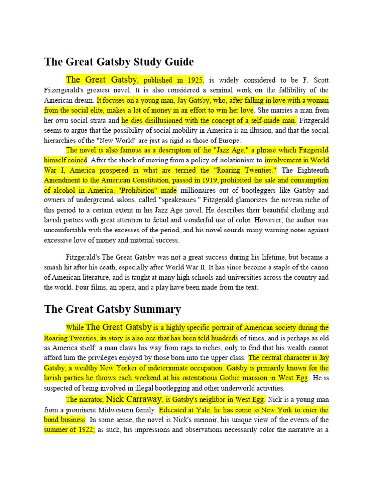 The Great Gatsby Study Guide | PDF | The Great Gatsby | F. Scott Fitzgerald