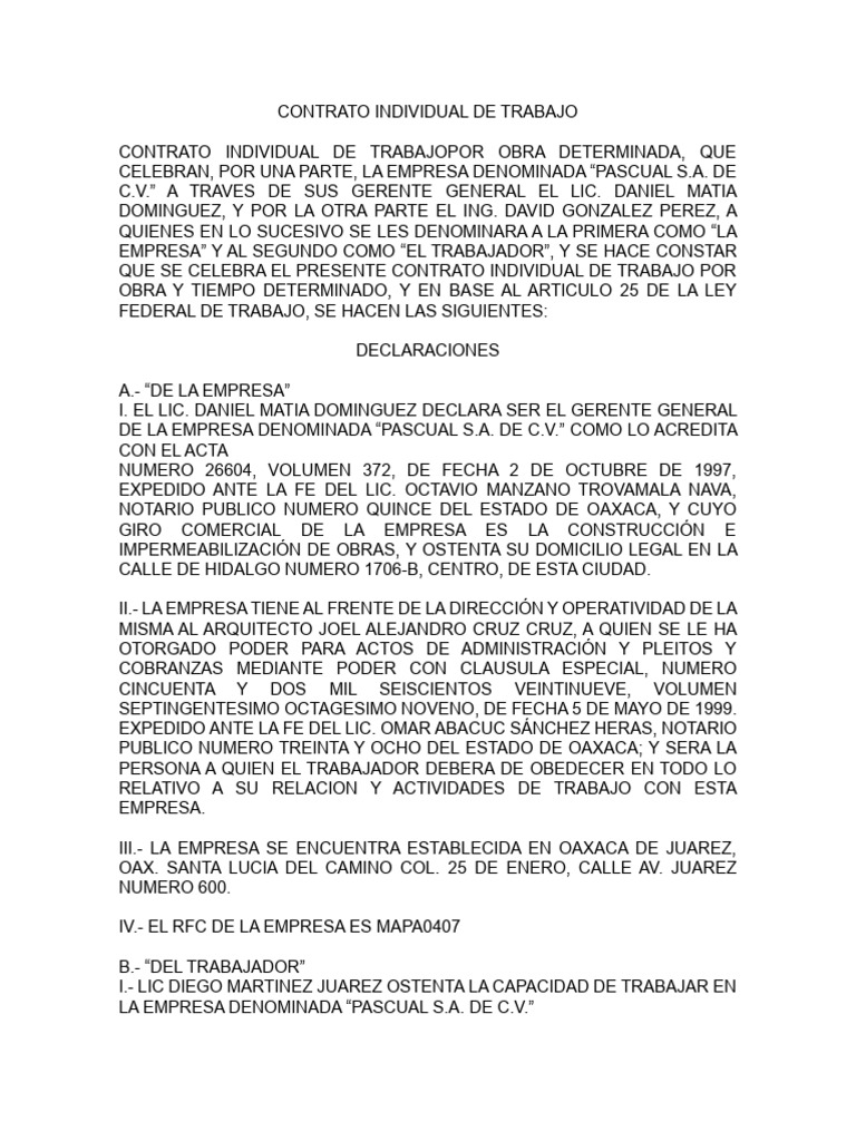 Contrato Individual de Trabajo | PDF