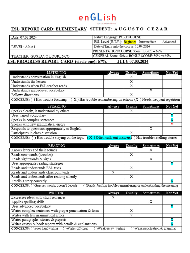 Esl Report Card Grades 3 12 | PDF | English As A Second Or Foreign ...