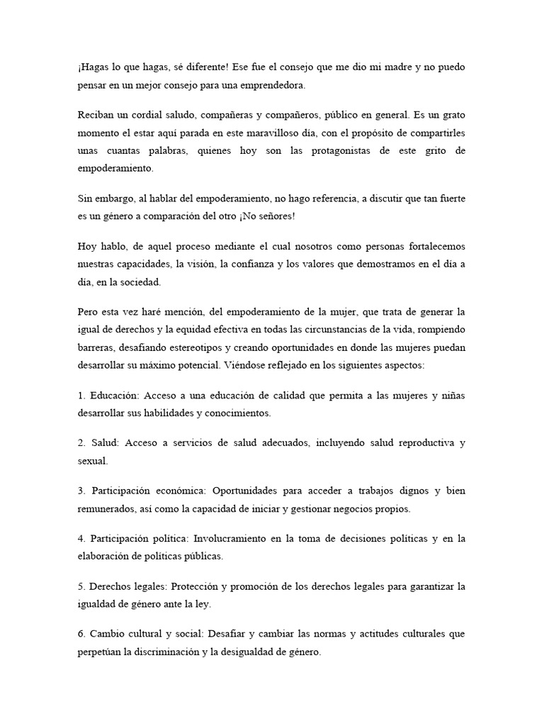 DISCURSO DEL EMPODERAMIENTO DE LA MUJER | PDF | Empoderamiento | Igualdad de género