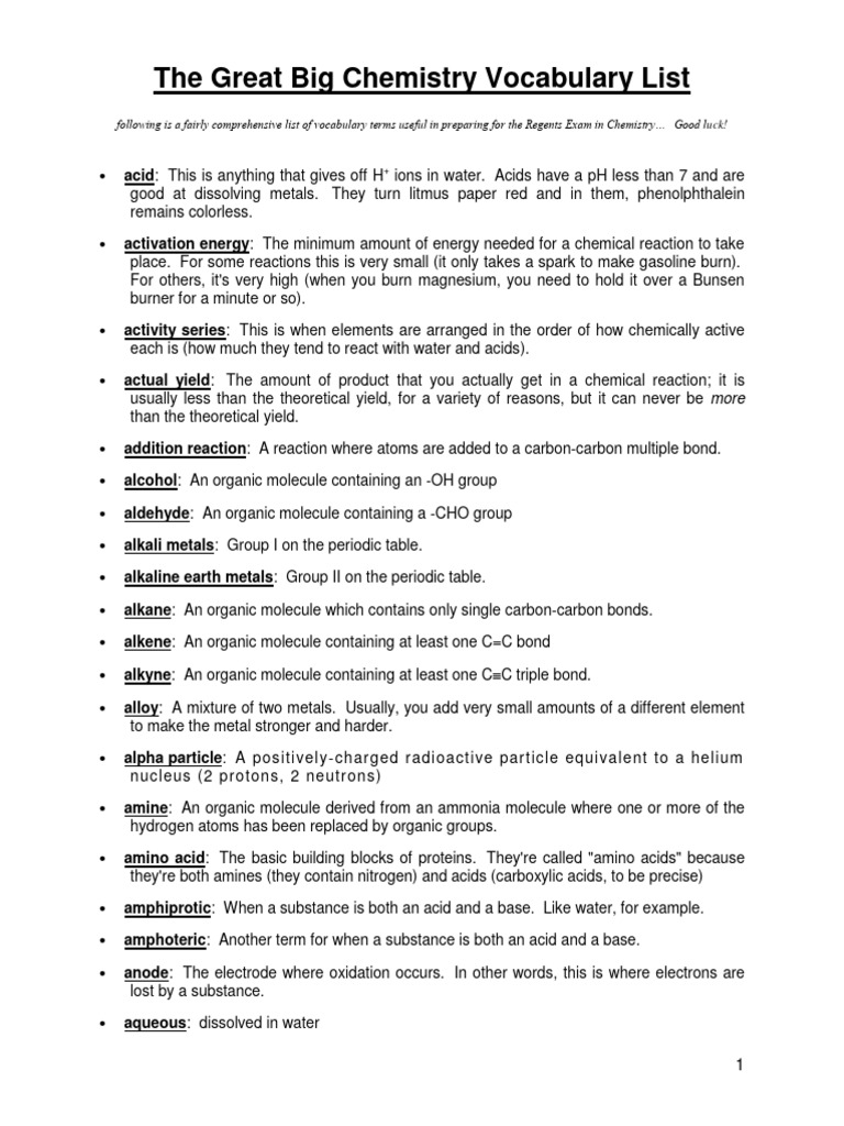 High School Chemistry Vocabulary List | PDF | Chemical Reactions | Atoms