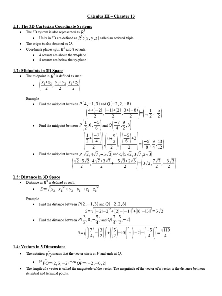 Calculas Iii Chapter 1 Pdf Cartesian Coordinate System Euclidean Vector