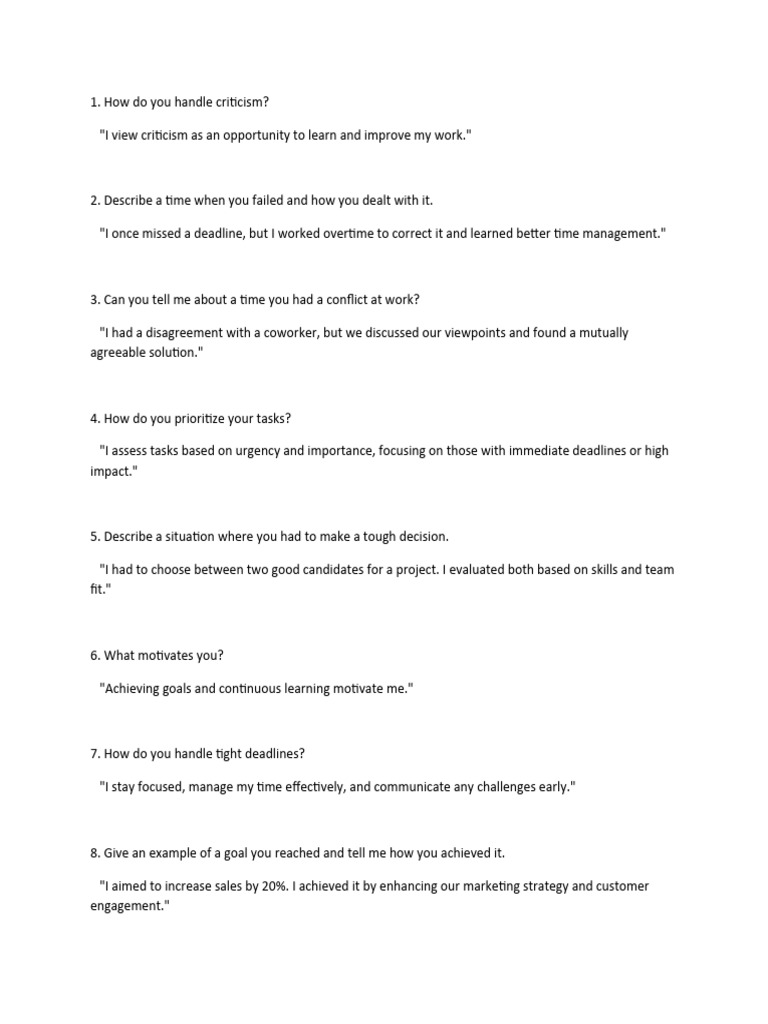 Interview Qs and As | PDF | Time Management | Professional Skills