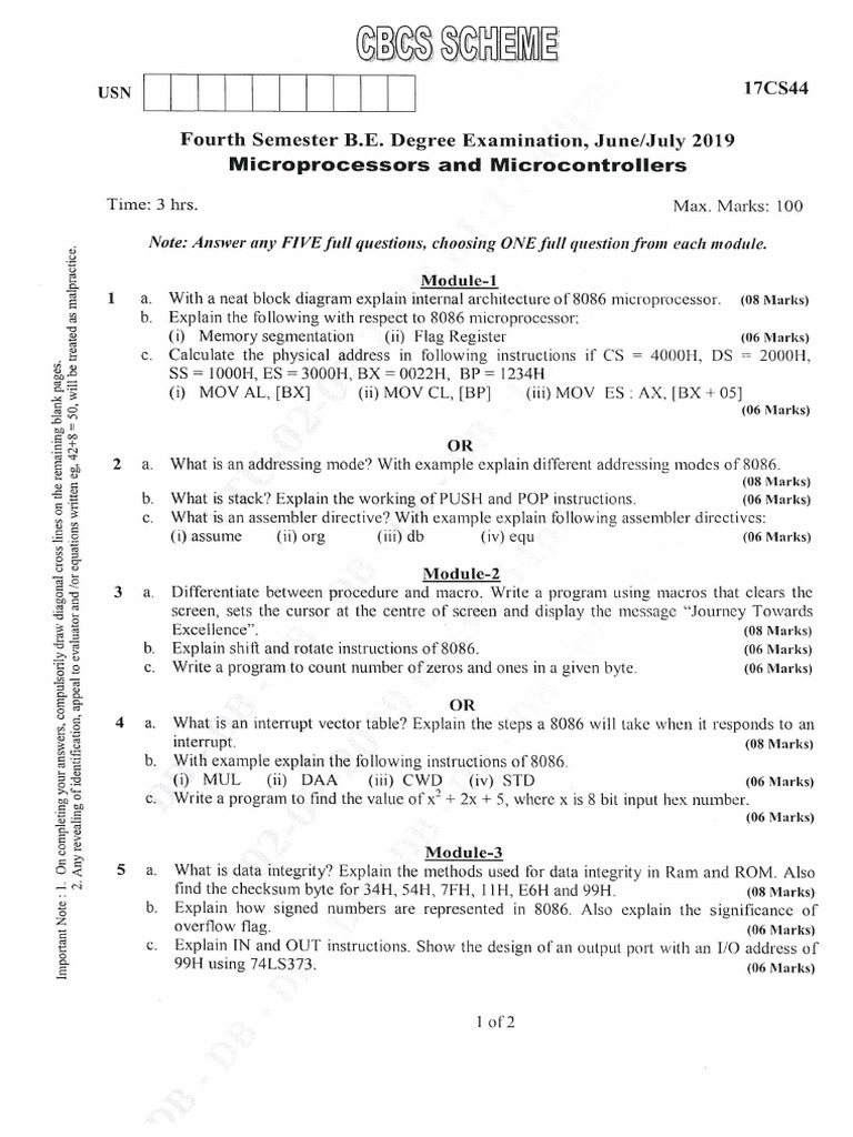 Be Cs 4 Sem Microprocessors and Microcontrollers 17cs44 Jul 2019 | PDF