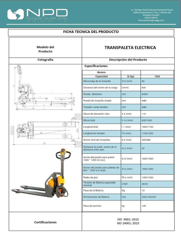 Ficha Técnica Transpaleta Eléctrica | PDF | Vehículos