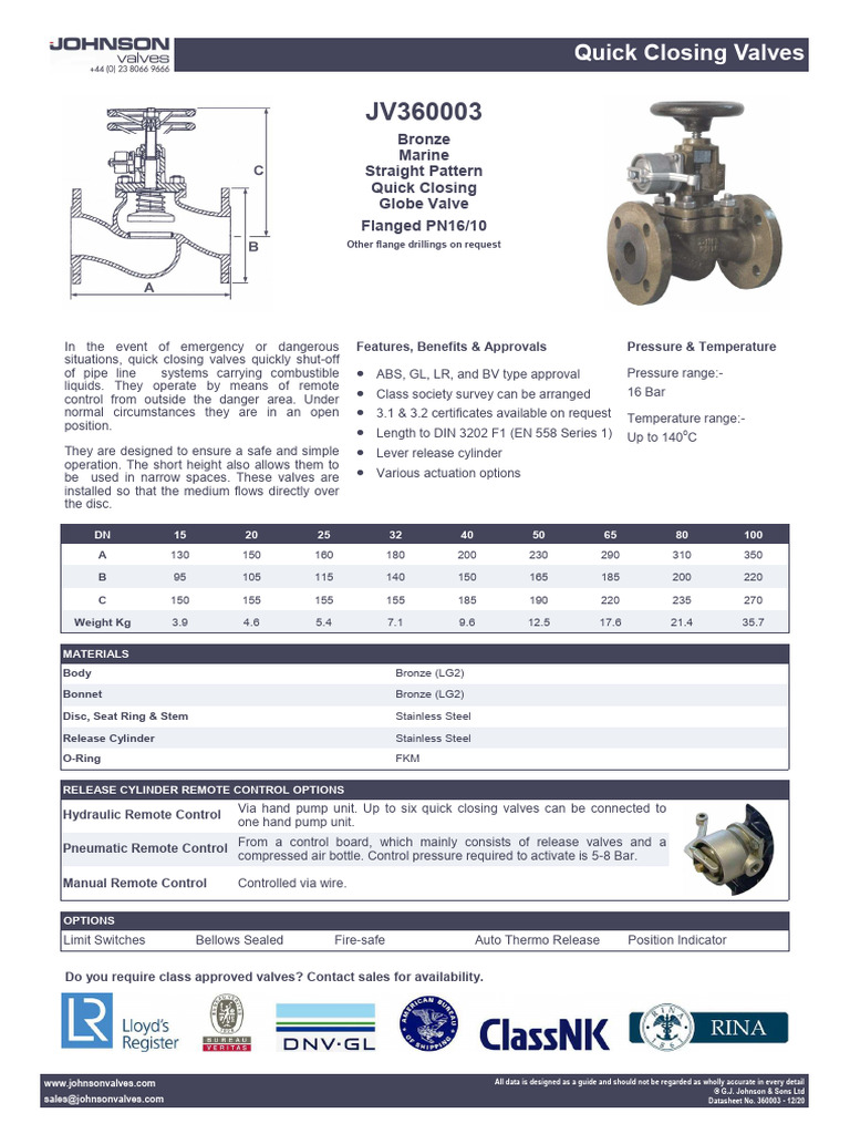 JV360003 Quick Closing Valve | PDF | Valve | Mechanical Engineering
