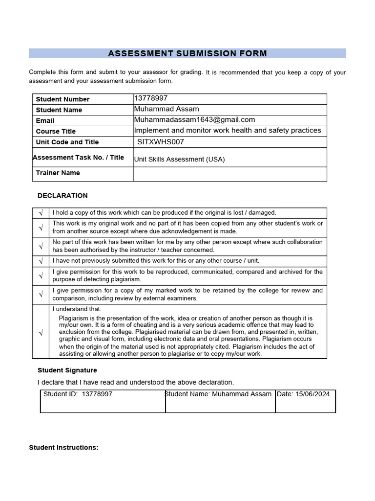 Muhammad Assam - Implement and Monitor Work Health and Safety Practices ...