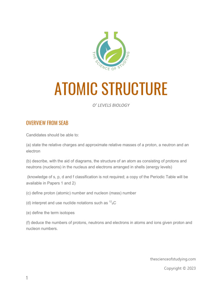 Free O-Level Chemistry Notes - Atomic Structure | PDF | Ion | Atoms
