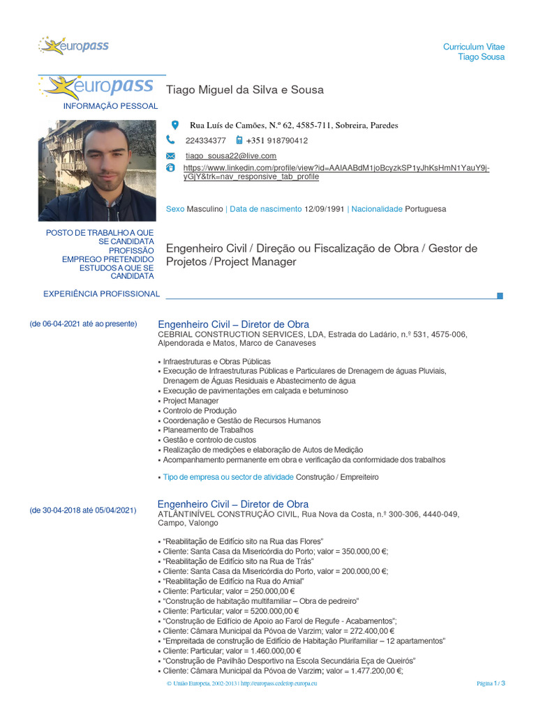 Tiago - Sousa-Europass - CV - Tiago Sousa | PDF | Engenharia Civil | Engenharia