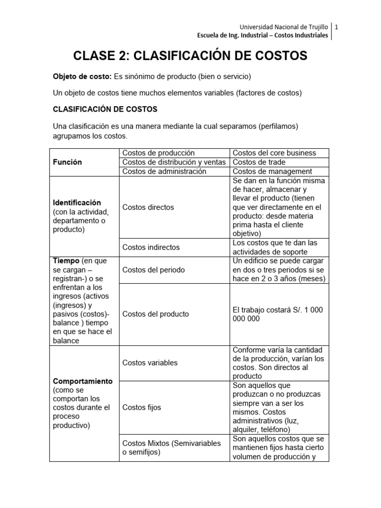 Clase 2 - Clasificación de Costos | PDF | Costo | Producción y fabricación