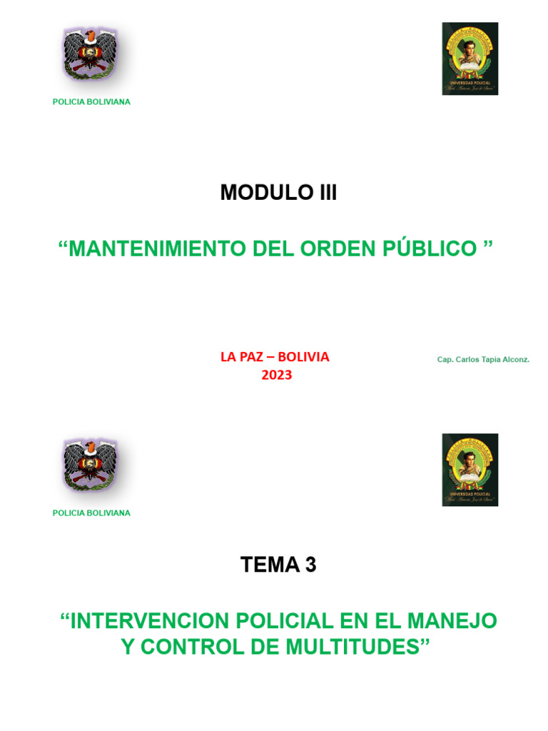 Tema 3 Intervencion Policial en El Manejo y Control de Multitudes Mop | PDF | Policía | Bolivia