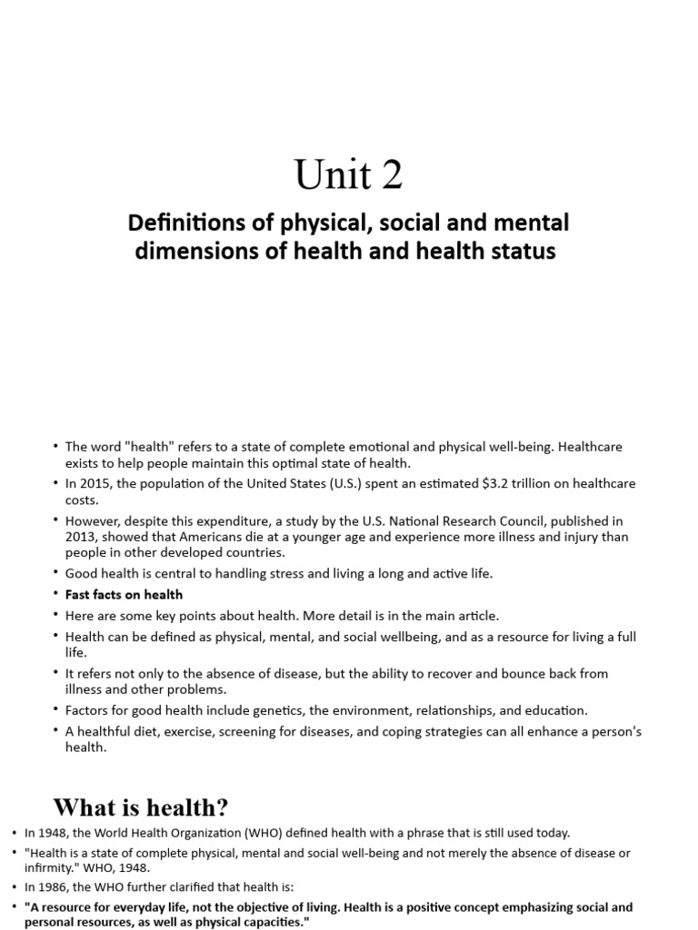 Unit 2. Definitions of Physical, Social and Mental Dimensions | Download Free PDF | Mental ...