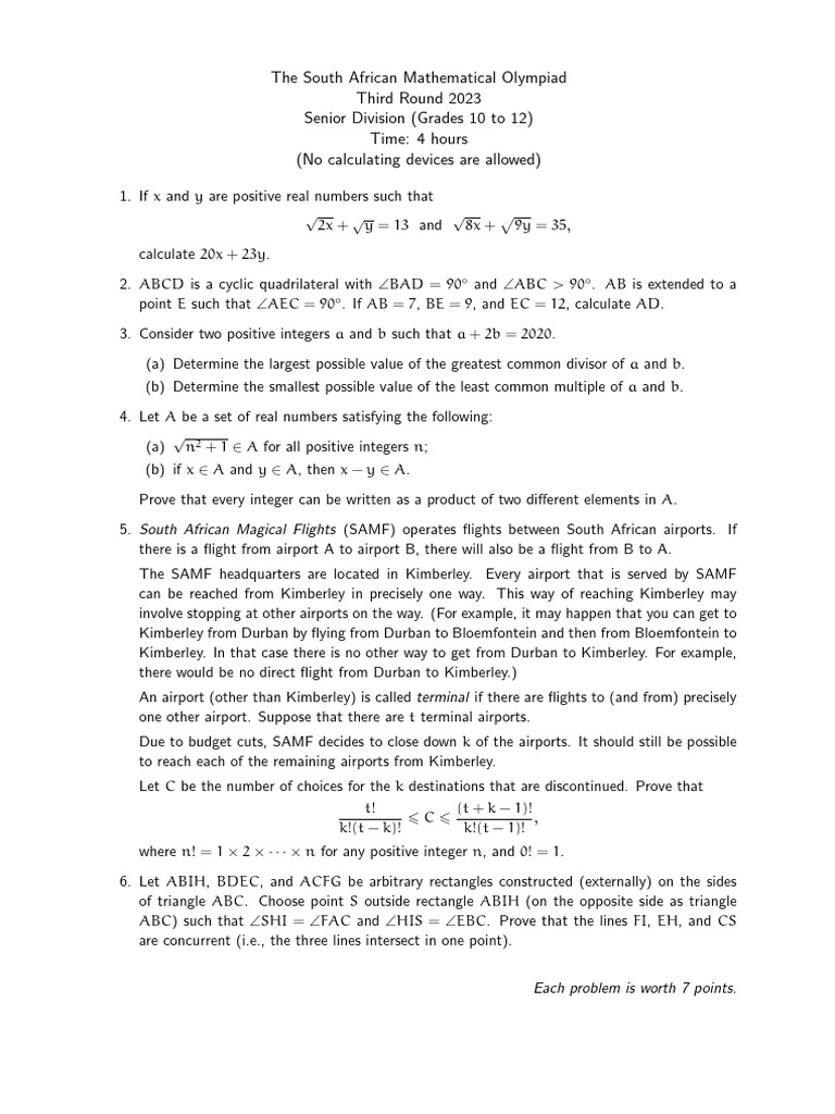 The South African Mathematical Olympiad Third Round 2023 Senior ...
