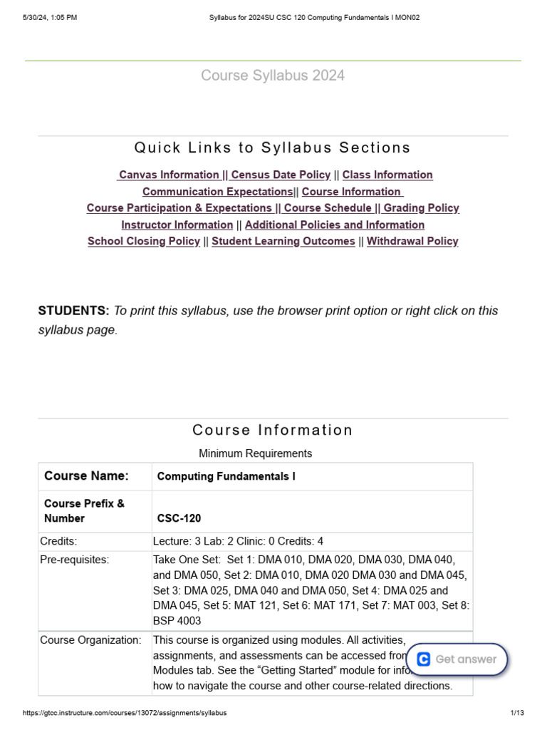 Syllabus For 2024SU CSC 120 Computing Fundamentals I MON02 | PDF | Academic Dishonesty ...