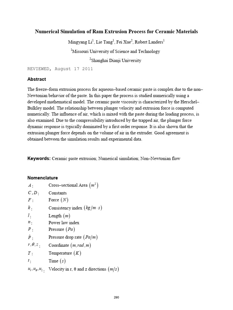 Numerical Simulation of Ram Extrusion Process For Ceramic Materials ...