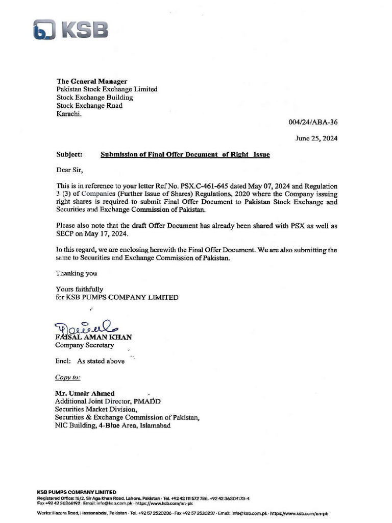 KSB Rights Offer Letter | PDF | Working Capital | Financial Capital