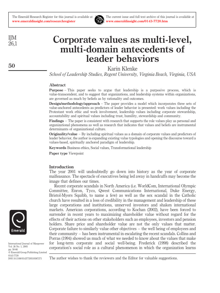 Corporate Values As Multi-Level, Multi-Domain Antecedents of Leader ...