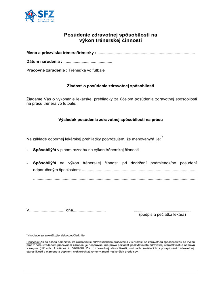 Posudenie Zdravotnej Sposobilosti Na Vykon Trenerskej Cinnosti SFZ | PDF