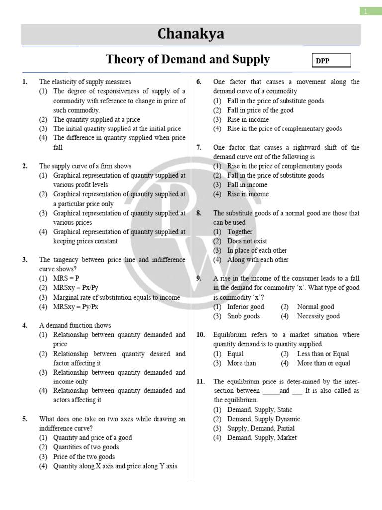 Theory of Demand and Supply - DPP - Chanakya | PDF | Demand | Elasticity (Economics)