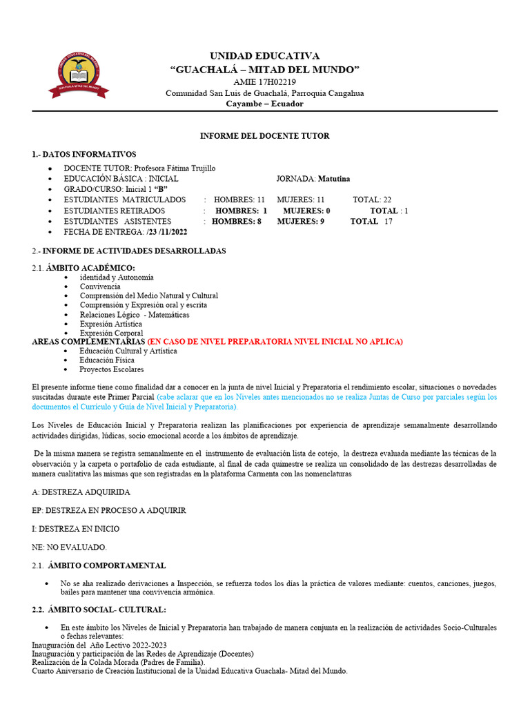 Informe 1 Parcial Nivel Inicial y Preparatoria 2022-2023 | PDF | Educación de la primera ...