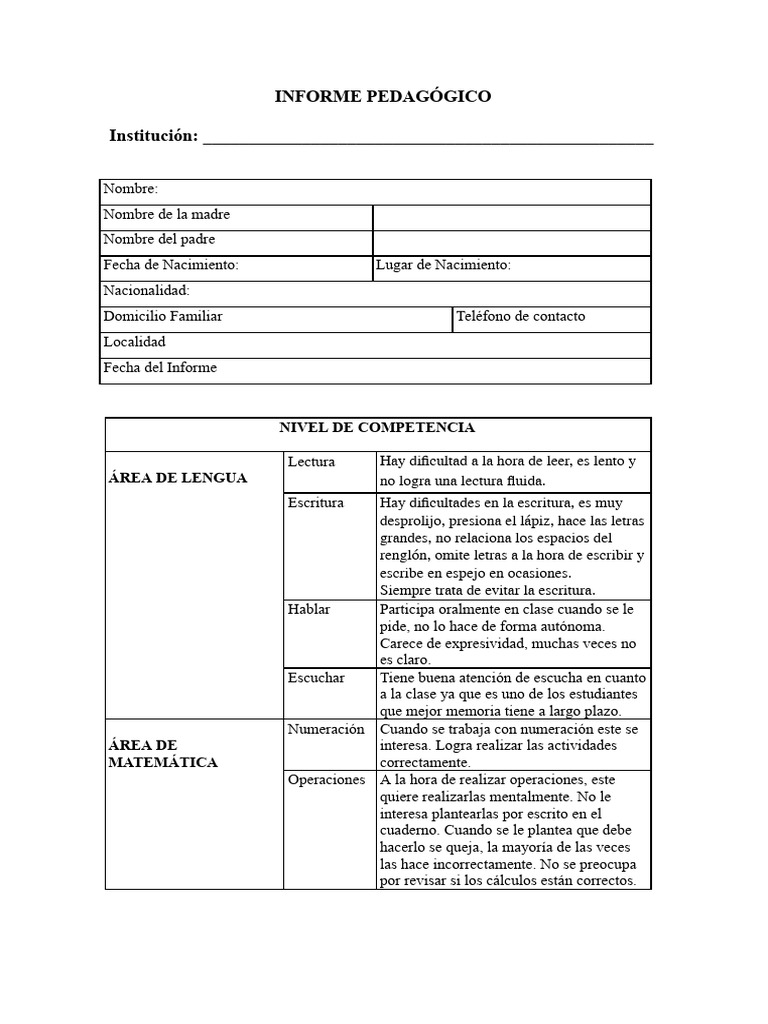 Modelo de Informe Pedagogico 2024 | PDF | Aprendizaje | Escritura