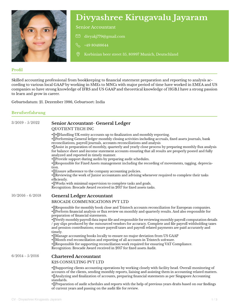 Lebenslauf von Divyashree Kirugavalu Jayaram (5) | Download Free PDF | Accounting | Financial ...