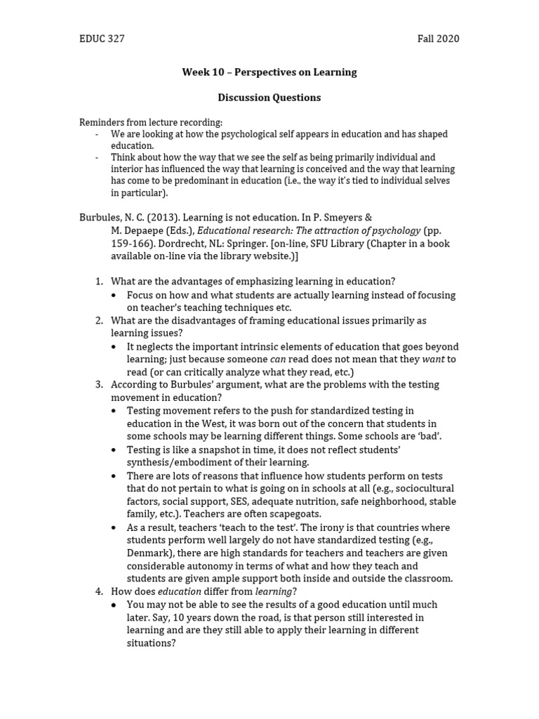 Week 11 Perspectives On Learning Discussion Questions | PDF | Learning ...