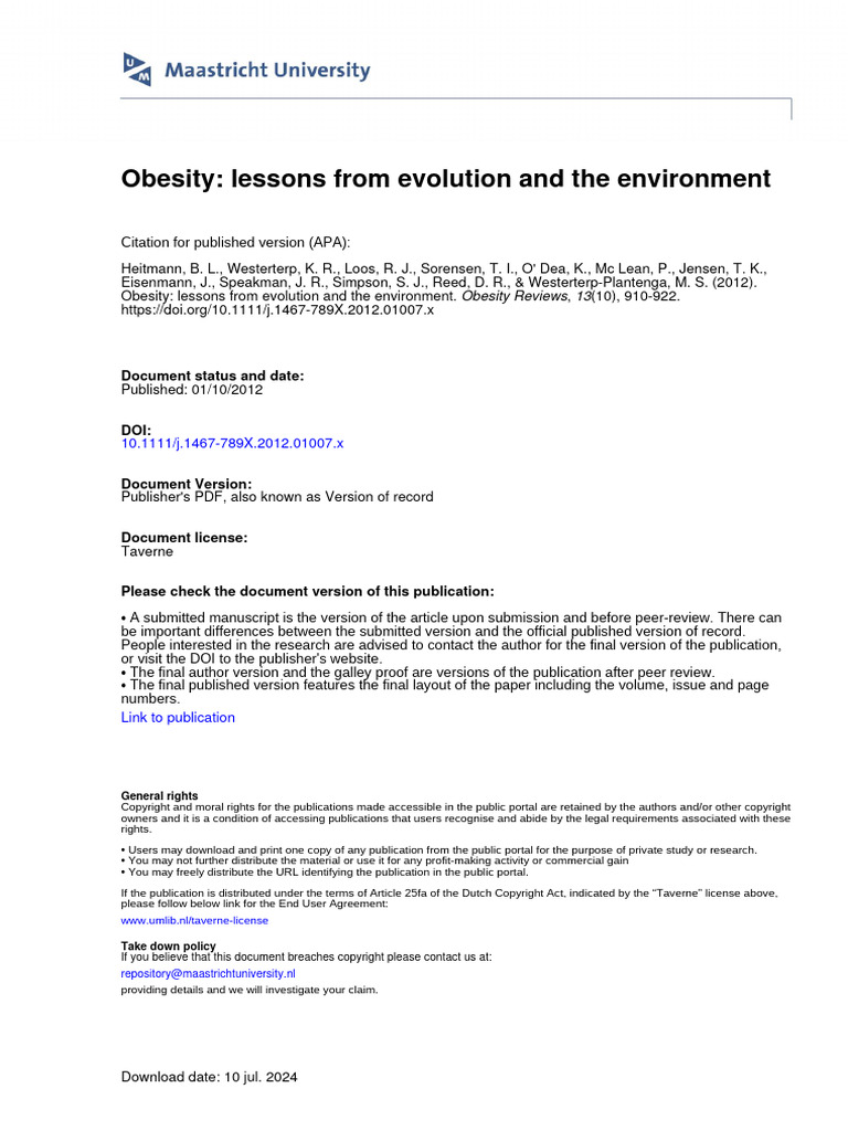 Westerterp 2012 Obesity Lessons From Evolution and The Environment | PDF | Obesity | Sleep